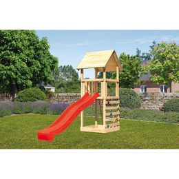 Akubi Kinderspielturm 'Lotti' mit Rutsche und Kletterwand natur/rot 107 x 107 cm