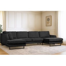 Wohnlandschaft Home Affaire "Pinto, 350 cm, U-Form, XXL, mit Ottomanen", grau (dunkelgrau), B:350cm H:85cm T:206cm, Luxus-Microfaser in Lederoptik (100% Polyester);Cord (92% Polyester, 8% Polyamide), Sofas, Wohnlandschaft, Cord, Chenille, Lederoptik, mit Keder, Metallf&uuml;&szlig;e, Wellenunterfederung