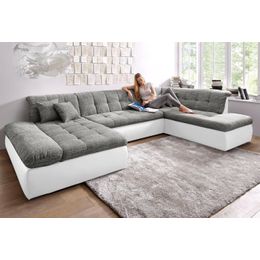 Wohnlandschaft DOMO collection "MORIC 353x216x80 cm, mit viel Platz, U-Form, auch in Cord", grau (wei&szlig;, wei&szlig;, grau), B:353cm H:80cm T:216cm, Microfaser PRIMABELLE / Struktur (90% Polyester/ 10% Polyacryl);Kunstleder SOFTLUX / Struktur (90% Polyester/ 10% Polyacryl), Sofas, Wohnlandschaft, im XXL-Format, wahlweise mit Bettfunktion und Armlehnenverstellung