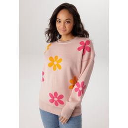 Strickpullover ANISTON PLUS, Damen, Gr. 44, rose, pink, orange, Strick, Obermaterial: 50% Viskose, 28% Polyester, 22% Polyamid, gebl&uuml;mt, Rundhals, B&uuml;ndchen, Pullover Strickpullover, mit eingestricktem Blumenmuster
