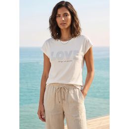 T-Shirt Laura Scott, Damen, Gr. 42, wei&szlig;, Jersey, Obermaterial: 95% Viskose, 5% Elasthan, bedruckt, figurumspielend h&uuml;ftlang, Rundhals, angeschnitten, Shirts T-Shirt, mit Glitzersteinen, lockere Passform