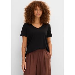 T-Shirt bonprix, Damen, Gr. 48/50 (XL), schwarz, Obermaterial: 65% Polyester, 35% Viskose, loose fit, Shirts T-Shirt, lockere Passform, Kurzarm-Design, V-Ausschnitt