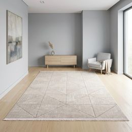 Teppich Sehrazat "Venus 8083", creme, B:80cm H:11mm L:150cm, Obermaterial: 60% Polyester, 40% Polypropylen, Teppiche, Teppich, Kurzflor, Geometrische Vintage Optik, mit Fransen, Wohnzimmer