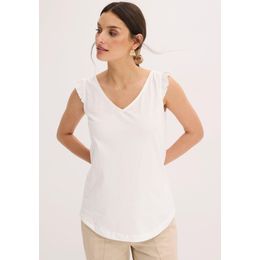 Shirttop bonprix, Damen, Gr. 36/38 (S), wollwei&szlig;, Jersey, Obermaterial: 100% Baumwolle, unifarben, loose fit h&uuml;ftbedeckend, V-Ausschnitt, R&uuml;schen, Tops Shirttop, lockerer loose fit, mit s&uuml;&szlig;er R&uuml;sche, aus Baumwolle