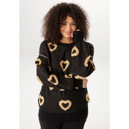 Strickpullover ANISTON PLUS, Damen, Gr. 44, schwarz, beige, Strick, Obermaterial: 35% Viskose, 30% Polyacryl, 20% Polyester, 15% Polyamid, figurumspielend, Rundhals, Strickb&uuml;ndchen, Pullover Strickpullover, mit aufgestrickten Herzen