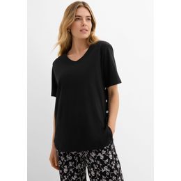 T-Shirt bonprix, Damen, Gr. 48/50 (XL), schwarz, Jersey, Obermaterial: 100% Baumwolle, kontrastfarbene Details, unifarben, oversize Po-bedeckend, V-Ausschnitt, Shirts T-Shirt, Oversize-Passform, Halbarm, mit tollem Knopfdetail