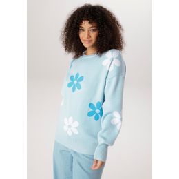 Strickpullover ANISTON PLUS, Damen, Gr. 44, hellblau, Strick, Obermaterial: 50% Viskose, 28% Polyester, 22% Polyamid, gebl&uuml;mt, Rundhals, B&uuml;ndchen, Pullover Strickpullover, mit eingestricktem Blumenmuster