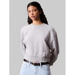 Sweatshirt Calvin Klein Jeans "FRENCH TERRY WOVEN LABEL CREW", Damen, Gr. S, bc06 grau heather, Sweatware, Obermaterial: 100% Baumwolle, meliert, regular fit kurz, Rundhals, eingesetzt Rippb&uuml;ndchen, Sweatshirts Sweatshirt, Regular fit mit Rundhalsausschnitt
