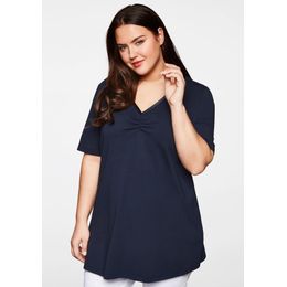 Longshirt sheego "Longshirt", Damen, Gr. 44/46, blau (marine), 95% Baumwolle, 5% Elasthan, unifarben, V-Ausschnitt, Shirts Longshirt