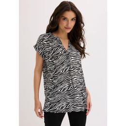 Tunika bonprix, Damen, Gr. 46, schwarz (schwarz, wollwei&szlig; zebra bedruckt), Obermaterial: 100% Viskose, regular fit, Tuniken, eleganter Look, Kurzarm-Design, Regular Fit, mit Henley-Kragen