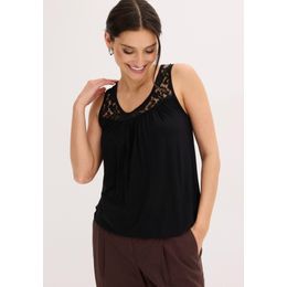 Shirttop bonprix, Damen, Gr. 32/34 (XS), schwarz, Jersey, Obermaterial: 95% Viskose, 5% Elasthan, unifarben, l&auml;ssig geschnitten taillenlang, Rundhals, Tops Shirttop, l&auml;ssige Passform, &auml;rmellos, aus elastischem Viskosejersey und Spitze