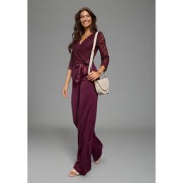 Jumpsuit Laura Scott, Damen, Gr. 34, N-Gr, bordeaux, Milano Rib, Obermaterial: 70% Viskose, 25% Polyester, 5% Elasthan. Futter: 95% Viskose, 5% Elasthan. Spitze: 92% Polyamid, 8% Elasthan, leicht transparent, unifarben, figurbetont lang, V-Ausschnitt, Overalls Jumpsuit, mit Spitzenoberteil und Satin-Bindeg&uuml;rtel