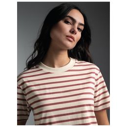 T-Shirt TRIGEMA "TRIGEMA T Shirt in Ringeloptik", Damen, Gr. L, beige (mahagoni), Single Jersey, 100% Baumwolle, Basic, Rundhals, Shirts T-Shirt
