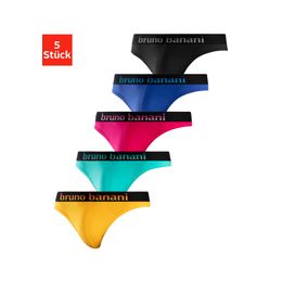 String Bruno Banani, Herren, Gr. S, 5 Stk., bunt (blau, pink, mint, gelb, schwarz), Jersey, Obermaterial: 95% Baumwolle, 5% Elasthan, unifarben, k&ouml;rpernah, Unterhosen String, mit Streifen Logo Webbund