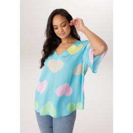 Schlupfbluse ANISTON PLUS, Damen, Gr. 50, t&uuml;rkis, beige, gr&uuml;n, gelb, rose, Web, Obermaterial: 100% Viskose, bedruckt, gemustert, figurumspielend taillenbedeckt, V-Ausschnitt, weit, Blusen Schlupfbluse, mit farbigen Herzen bedruckt- jedes Teil ein Unikat