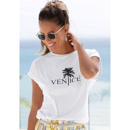 Rundhalsshirt Venice Beach, Damen, Gr. 32/34, wei&szlig;, Jersey, Obermaterial: 100% Baumwolle, unifarben, figurumspielend h&uuml;ftlang, Rundhals, Aufschlag, Shirts Rundhalsshirt, mit Frontdruck, T-shirt aus Baumwolle, Kurzarmshirt, Basic