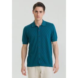 Kurzarmhemd FELIX HARDY "Kurz&auml;rmeliges Basic-Strickhemd mit Kn&ouml;pfen", Herren, Gr. L, Normalgr&ouml;&szlig;en, blau (oliv), 100% Baumwolle, Hemden