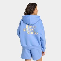 Sweatshirt adidas Sportswear "3-STREIFEN STUDIO HOODIE", Damen, Gr. L, blau fusion, Obermaterial: 70% Baumwolle, 30% Polyester, normal, V-Ausschnitt, angesetztes B&uuml;ndchen, Sweatshirts Sweatshirt, Print - Hoodie, lockere Passform
