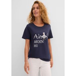 T-Shirt bonprix, Damen, Gr. 52/54 (XXL), blau (dunkelblau bedruckt), Obermaterial: 95% Baumwolle, 5% Elasthan, bequem, Shirts T-Shirt, bequeme Passform, Kurzarm, mit Rundhalsausschnitt