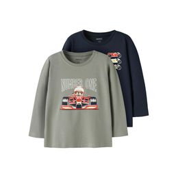T-Shirt name it "NMMVUX 2P LS TOP", Jungen, Gr. 110, grau (shadow pack:navy blazer), Jersey, Obermaterial: 95% Baumwolle, 5% Elasthan, bedruckt, regular fit normal, Rundhals, Shirts T-Shirt, Baumwollmischung