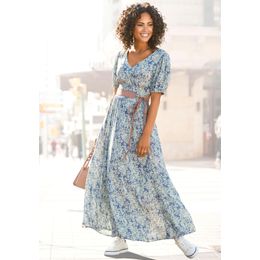 Maxikleid Buffalo "mit zartem Blumendruck und V-Ausschnitt aus Webware", Damen, Gr. 34, N-Gr, blau (blau, bedruckt), Web, Obermaterial: 100% Viskose, bedruckt, gebl&uuml;mt, figurbetont bodenlang, tiefer V-Ausschnitt, Puff&auml;rmel mit Gummizug, Kleider Maxikleid, kurz&auml;rmliges Sommerkleid, Strandkleid, Druckkleid, casual, Topseller