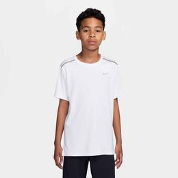 T-Shirt Nike "K NK DF MILER SS TOP", Kinder, Gr. L, wei&szlig;, wei&szlig;, angeraute Sweatware, Obermaterial: 100% Polyester, normal, Rundhals, angesetztes B&uuml;ndchen, Shirts T-Shirt, f&uuml;r Teens, f&uuml;r Fitness und Freizeit