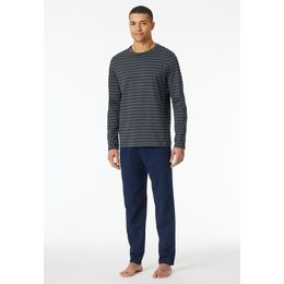 Schlafanzug Schiesser "Casual Essentials", Herren, Gr. 106, schwarz (203, anthrazit), Single Jersey, Obermaterial: 100% Baumwolle, gestreift, unifarben, bequem lang, Rundhals, Homewear-Sets Schlafanzug, mit Streifen