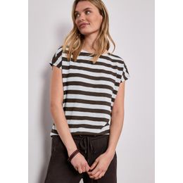 Shirttop Street One, Damen, Gr. 36, espresso braun, Jersey, Obermaterial: 78% Polyester, 18% Viskose, 4% metallisierte Fasern, gestreift, bequem normal, U-Boot-Ausschnitt, Tops Shirttop, Streifenmuster mit Glitzerdetails, seitliche Schlitze
