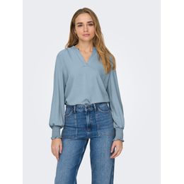 Blusenshirt Only "ONLMETTE V-NECK LS SMOCK TOP NOOS WVN", Damen, Gr. XS, celestial blau, Web, Obermaterial: 100% Polyester, unifarben, regular fit normal, V-Ausschnitt, gesmokt, Shirts Blusenshirt, Kunstfaser, regular fit