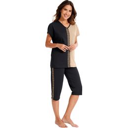 Damen Capri-Schlafanzug mit Galonstreifen schwarz-beige, Gr&ouml;&szlig;e 40/42