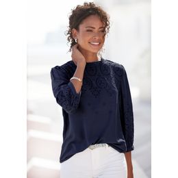 Schlupfbluse Lascana, Damen, Gr. 34, blau (marine), Web, Obermaterial: 100% Viskose, unifarben, figurumspielend h&uuml;ftlang, hoch geschlossener Ausschnitt, 1-Knopf-Manschette, Blusen Schlupfbluse, mit Lochstickerei und dezenten R&uuml;schen, 3/4-&auml;rmelige Damenbluse