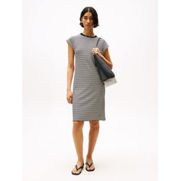 Shirtkleid Tommy Hilfiger "RIB SHORT REG TEE DRS", Damen, Gr. XXL (44), N-Gr, schwarz (ecru, schwarz fine stp), Jersey, Obermaterial: 95% Viskose, 5% Elasthan, gestreift, regular fit, Rundhals, Kleider Shirtkleid