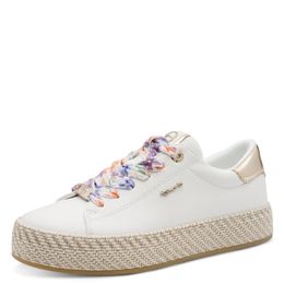 Plateausneaker Tamaris, Damen, Gr. 37, wei&szlig;, Lederimitat, gl&auml;nzend, unifarben mit Farbeinsatz, Schuhe Plateausneaker, Freizeitschuh, Halbschuh, Schn&uuml;rschuh mit Textilkordel am Plateau
