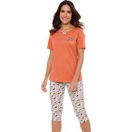 Damen Capri-Schlafanzug mit Schmetterlings-Motive papaya-wei&szlig;-bedruckt, Gr&ouml;&szlig;e 36/38