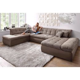 Wohnlandschaft DOMO collection "MORIC 353x216x80 cm, mit viel Platz, U-Form, auch in Cord", braun (espresso, beige, braun), B:353cm H:80cm T:216cm, Microfaser PRIMABELLE / Struktur (90% Polyester/ 10% Polyacryl);Kunstleder SOFTLUX / Struktur (90% Polyester/ 10% Polyacryl), Sofas, Wohnlandschaft, im XXL-Format, wahlweise mit Bettfunktion und Armlehnenverstellung