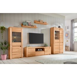 Wohnwand OTTO HOME "BURANO 3-teilig, Lowboard mit Kabeldurchf&uuml;hrung, Breite 310cm", beige (kernbuche teilmassiv), Holzwerkstoff Kernbuchefarben (Korpus)/ Massivholz Kernbuche (Front), Holz teilmassiv, Kastenm&ouml;bel-Sets, Wohnwand, Fronten aus Massivholz, Korpus aus Melamin, verstellbare Einlegeboden