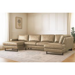 Wohnlandschaft Home Affaire "Pinto, 350 cm, U-Form, XXL, mit Ottomanen", beige, B:350cm H:85cm T:206cm, Luxus-Microfaser in Lederoptik (100% Polyester);Cord (92% Polyester, 8% Polyamide), Sofas, Wohnlandschaft, Cord, Chenille, Lederoptik, mit Keder, Metallf&uuml;&szlig;e, Wellenunterfederung