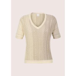 Madeleine Mode Longpullover MADELEINE "Strickpullover Ajourshirt mit Glanzeffekt", Damen, Gr. 36/38, wei&szlig; (perlwei&szlig;, cappuccino), Obermaterial: 76% Baumwolle CO. 19% Viskose CV. 5% metallisierte Fasern MTF., Modern, V-Ausschnitt, Pullover Longpullover, Dezentes Effektgarn