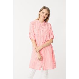 Longbluse Zwillingsherz "Kida", Damen, koralle, Web, Obermaterial: 100% Baumwolle, comfort fit lang, V-Ausschnitt, Krempel&auml;rmel 1-Knopf-Manschette, Blusen Longbluse, One Size, Streifen, Knopfleiste, Brusttaschen, 3/4-Arm