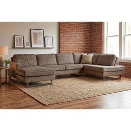 Wohnlandschaft Home Affaire "Pinto, 350 cm, U-Form, XXL, mit Ottomanen", braun, B:350cm H:85cm T:206cm, 100% Polyester, Sofas, Wohnlandschaft, Cord, Chenille, Lederoptik, mit Keder, Metallf&uuml;&szlig;e, Wellenunterfederung