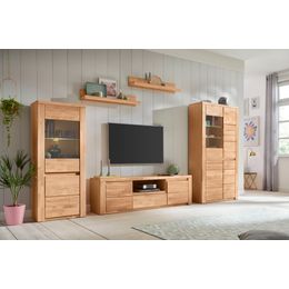 Wohnwand OTTO HOME "BURANO 3-teilig, Lowboard mit Kabeldurchf&uuml;hrung, Breite 310cm", braun (eiche teilmassiv), Holzwerkstoff eichefarben (Korpus) / Massivholz Eiche (Front), Holz teilmassiv, Kastenm&ouml;bel-Sets, Wohnwand, Fronten aus Massivholz, Korpus aus Melamin, verstellbare Einlegeboden