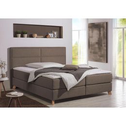 Boxspringbett Home Affaire "Caria", braun (hellbraun), B:191cm L:209cm, Strukturstoff-Bezug (100% Polyester);Topperbezug 100% Polyester, Komplettbetten, Boxspringbett, in 5 Breiten, 3 Matratzen-Ausf&uuml;hrungen, 2 H&auml;rtegraden, Topper