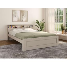 Massivholzbett OTTO HOME "FLAVION, Jugendbett, Stauraum, FSC zertifizierte Kiefer", kaschmir, beige, B:145cm H:77,6cm L:217,3cm, Betten, Massivholzbett, Qualit&auml;tsprodukt, Regal, Kassettenoptik, Schublade optional