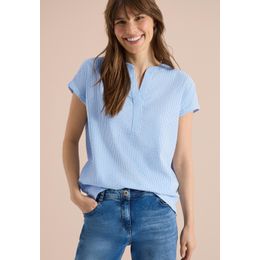 Kurzarmbluse Cecil, Damen, Gr. XL (44), blouse blau, Web, 75% Baumwolle, 25% Modal, gestreift, klassisch normal, Rundhals, abgesteppt, Blusen, mit geschlitztem Rundhalsausschnitt