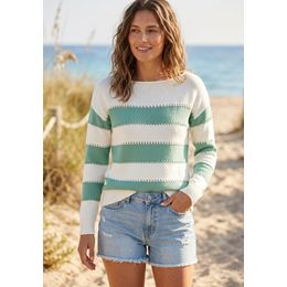 Streifenpullover Laura Scott "in sommerlichem Look", Damen, Gr. 32/34, gr&uuml;n (wei&szlig; mint gestreift), Strick, Obermaterial: 50% Baumwolle, 50% Polyacryl, gestreift, figurumspielend h&uuml;ftlang, U-Boot-Ausschnitt, Rippb&uuml;ndchen, Pullover Streifenpullover, leichter Sommerpullover mit modernem Lochmuster