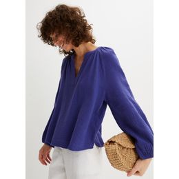 Shirtbluse bonprix "Oversize-Bluse aus Musselin", Damen, Gr. 40, lila (blauviolett), Web, Obermaterial: 100% Baumwolle, unifarben, oversize normal, V-Ausschnitt, elastischer Bund, Blusen, Oversize-Passform, mit V-Ausschnitt, aus Baumwolle, 3/4-&Auml;rmeln