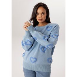 Strickpullover ANISTON PLUS, Damen, Gr. 44, hellblau, blau, Strick, Obermaterial: 35% Viskose, 30% Polyacryl, 20% Polyester, 15% Polyamid, figurumspielend, Rundhals, Strickb&uuml;ndchen, Pullover Strickpullover, mit aufgestrickten Herzen
