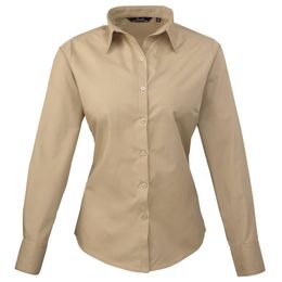 Premier Damen Popeline Bluse / Arbeitshemd, lang&auml;rmlig (Khaki)