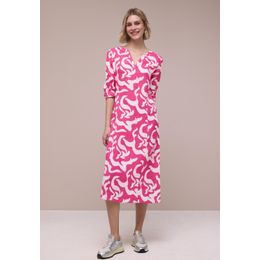 Midikleid Street One, Damen, Gr. 40, EURO-Gr&ouml;&szlig;en, magenta dream, Stoff, 100% Leinen, gemustert, comfort fit Midi, Rundhals, abgesteppt, Kleider Midikleid, mit Volant