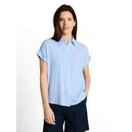 Hemdbluse Tom Tailor, Damen, Gr. 42, fjord blau irregular stripe, Web, Obermaterial: 55% Lyocell, 45% Viskose, gestreift, regular fit normal, ohne Ausschnitt, Blusen Hemdbluse, mit Knopfleiste